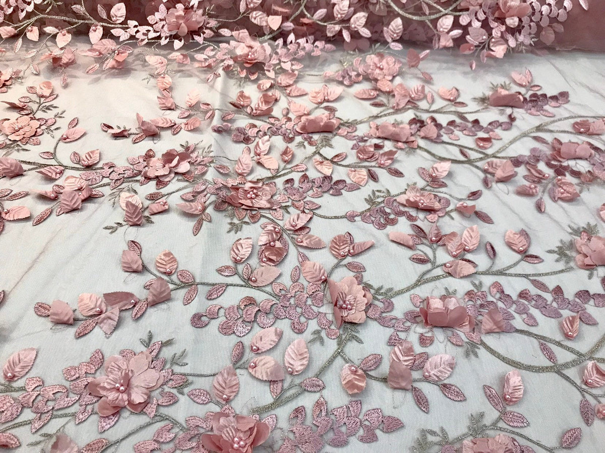 Dusty Rose 3D floral design embroidery with pearls & metallic tread on ...